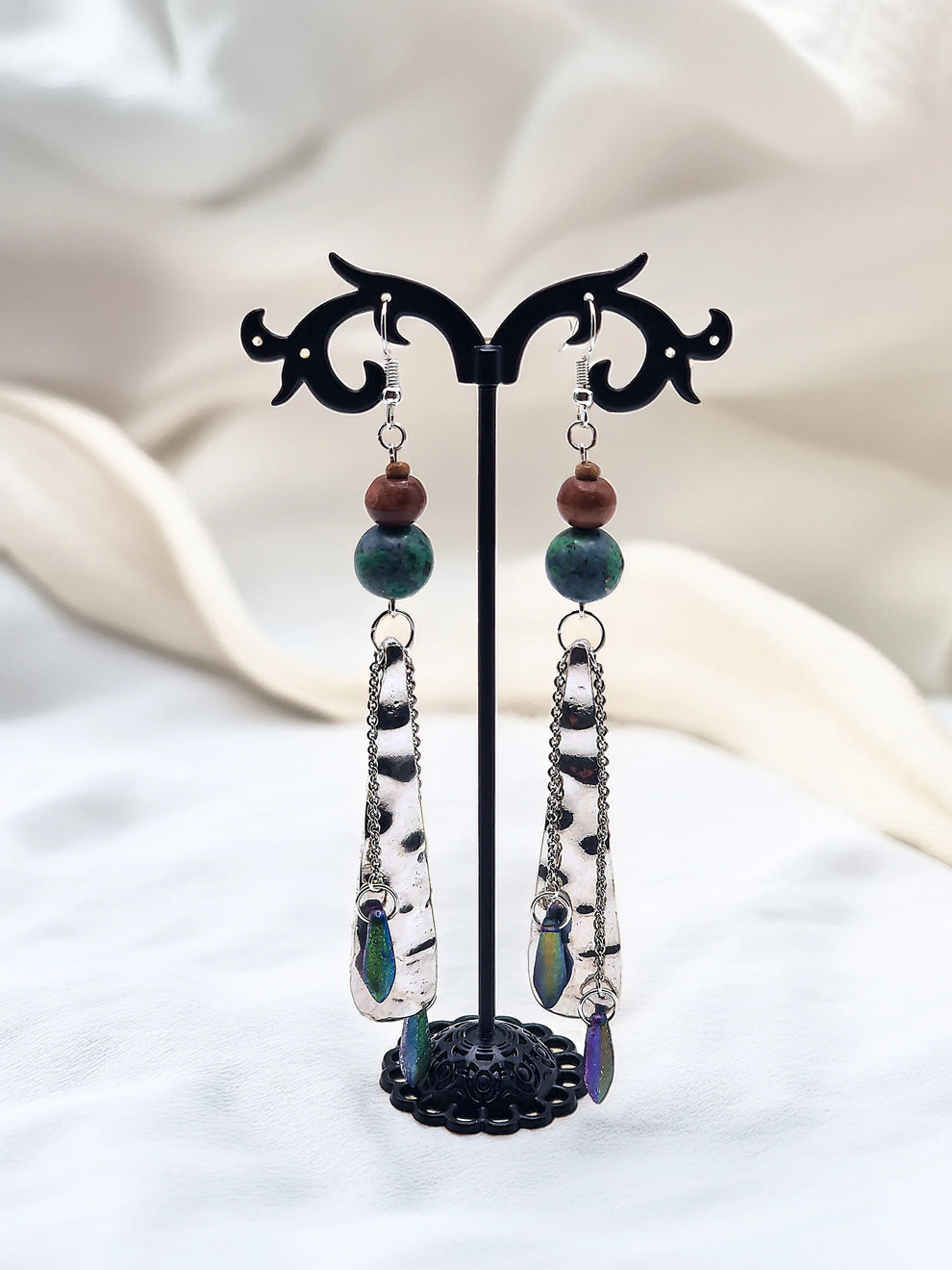 Woodland Chime Earrings — Wood & Iridescent Drops | Modrena